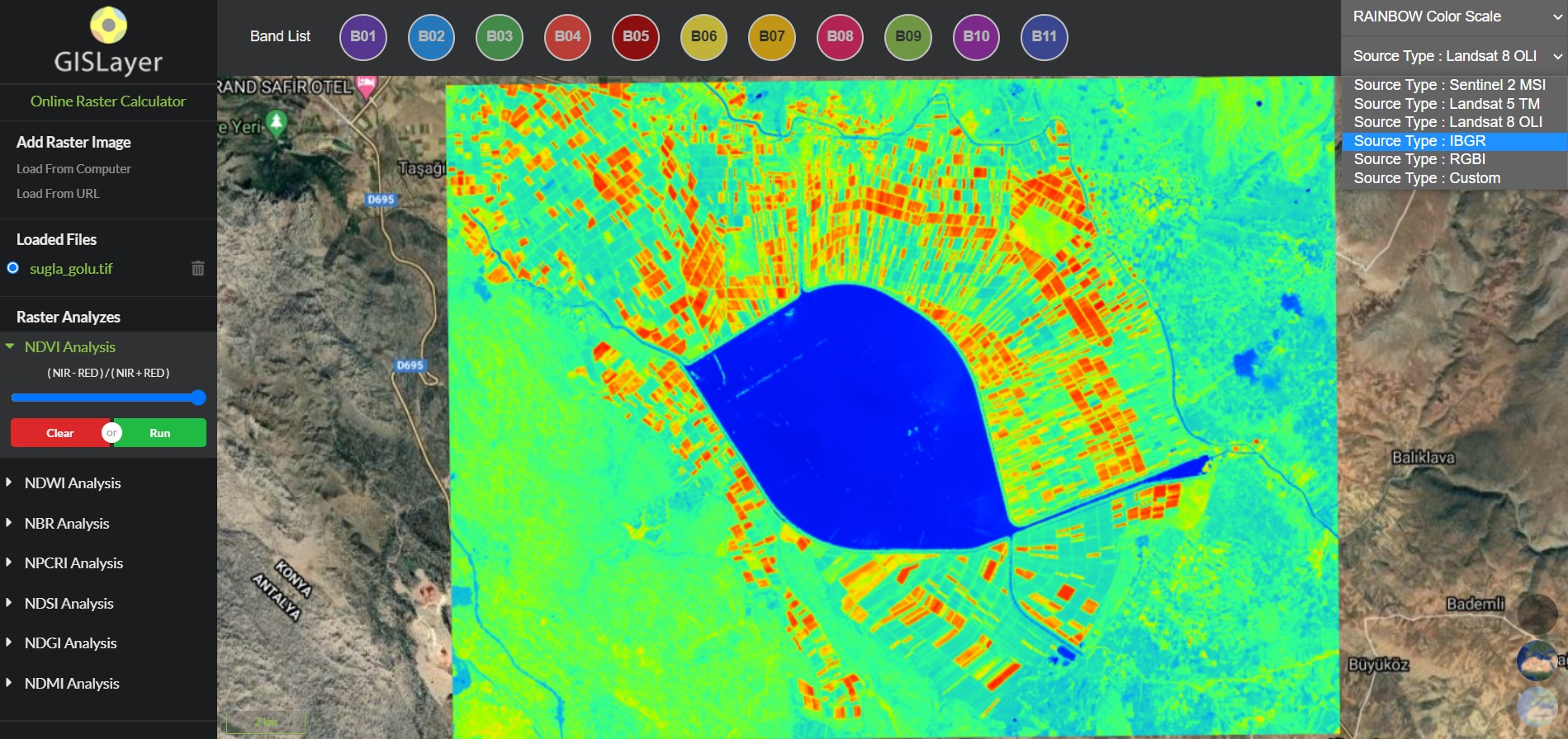 Online Remote Sensing Analyzes and Raster Calculator